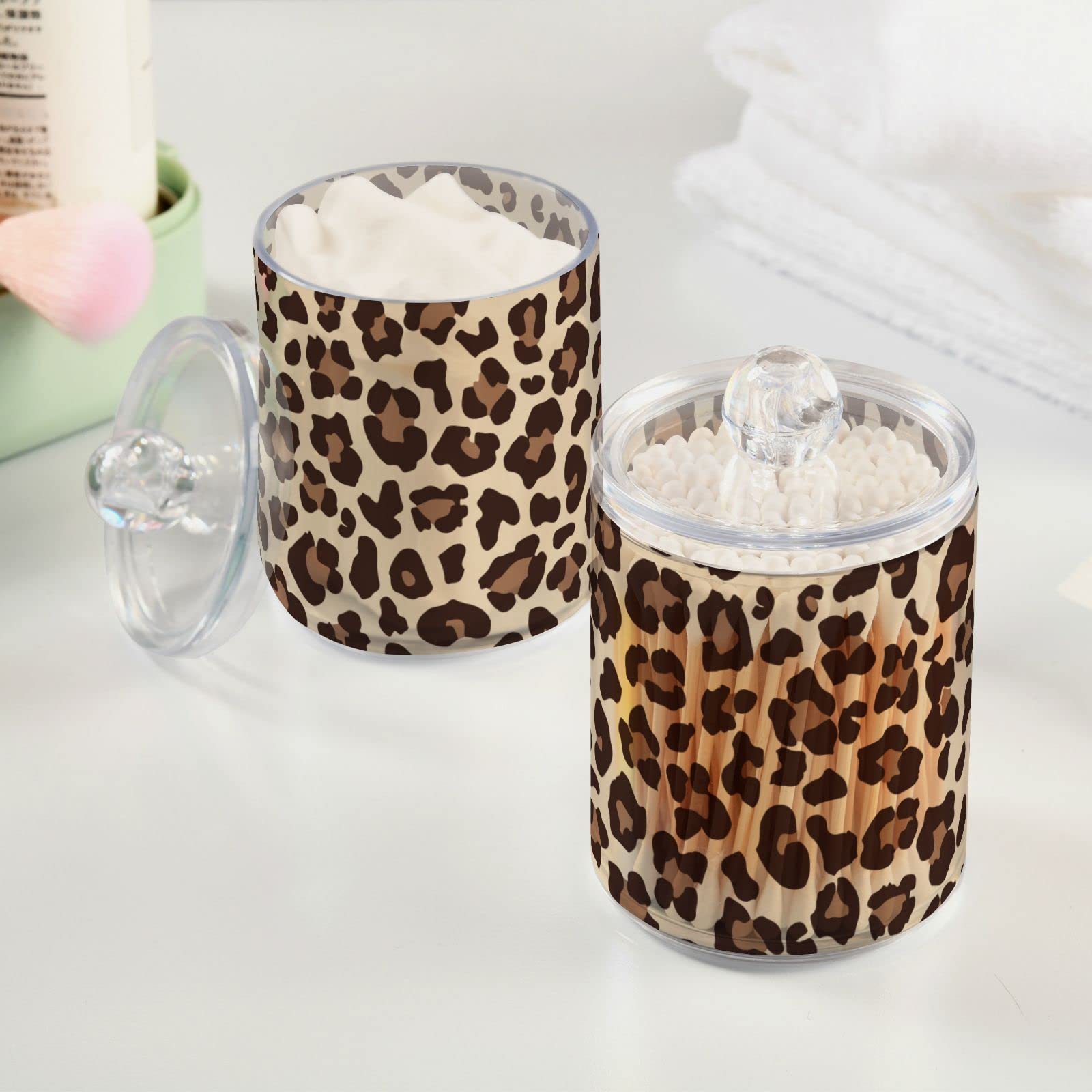ALAZA 4 Pack Qtip Holder Dispenser Leopard Print Cheetah Cotton Ball Cotton Swab Cotton Round Pads Floss Clear Bathroom Storage Containers Plastic Apothecary Jars with Lids