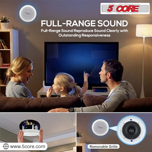 5 CORE 6.5β Inch Outdoor Indoor in Ceiling Speaker, Flush Mount in Wall Universal Speakers Waterproof for Paging Restaurant, Placement, Covered Porches CL 6.5-12 2W 6PCS