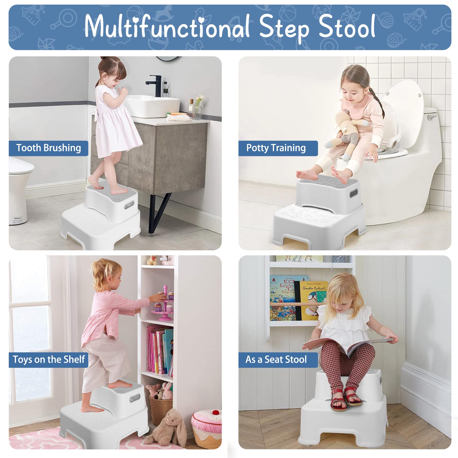 2 step stool for Kids and Toddler,Anti-Slip Sturdy Bathroom Toilet,Double up ,with Soft Grips,for Potty Training,Sink,Kitchen(White)