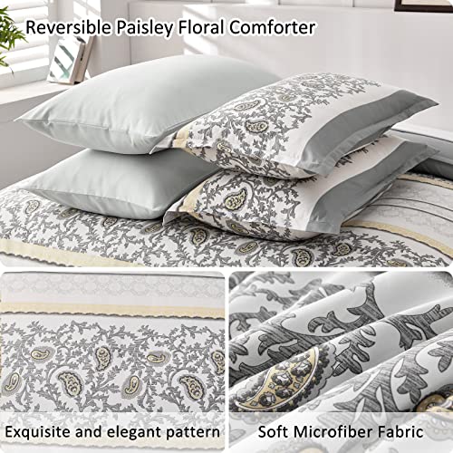 Grey Comforter Set King,7 Pieces Bed in a Bag Paisley Comforter for All Season Soft Microfiber Boho Bedding Set-1 Comforter, 1 Flat Sheet, 1 Fitted Sheet, 2 Pillow Shams,2 Pillowcases
