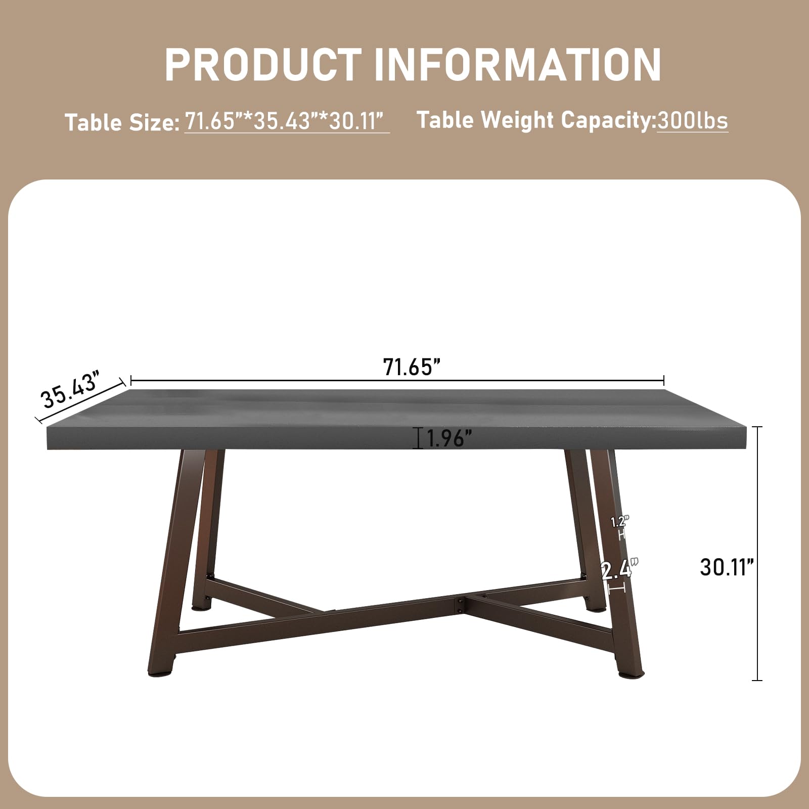 2024 New Large 72IN Solid Wood Dining Table for 6 8 10 People,Modern 6FT Waterproof Rectangular Kitchen Tables w/Anti-Rust&Adjustable Metal Leg,Grey Industrial Desk for Dining Room Farmhouse Office