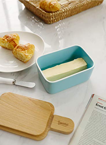 Sweese 323.104 Butter Dish with Lid and Handle, Porcelain Butter Keeper and Extended Wooden Lid, Red
