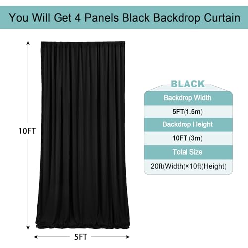 20ft×10ft Wrinkle Free Black Backdrop Curtain for Party, 4 Panels 5×10 ft Thick Silky Polyester Photo Backdrop Drapes for 50th Birthday Parties Baby Shower Graduation Wedding Photograhy Home Decor