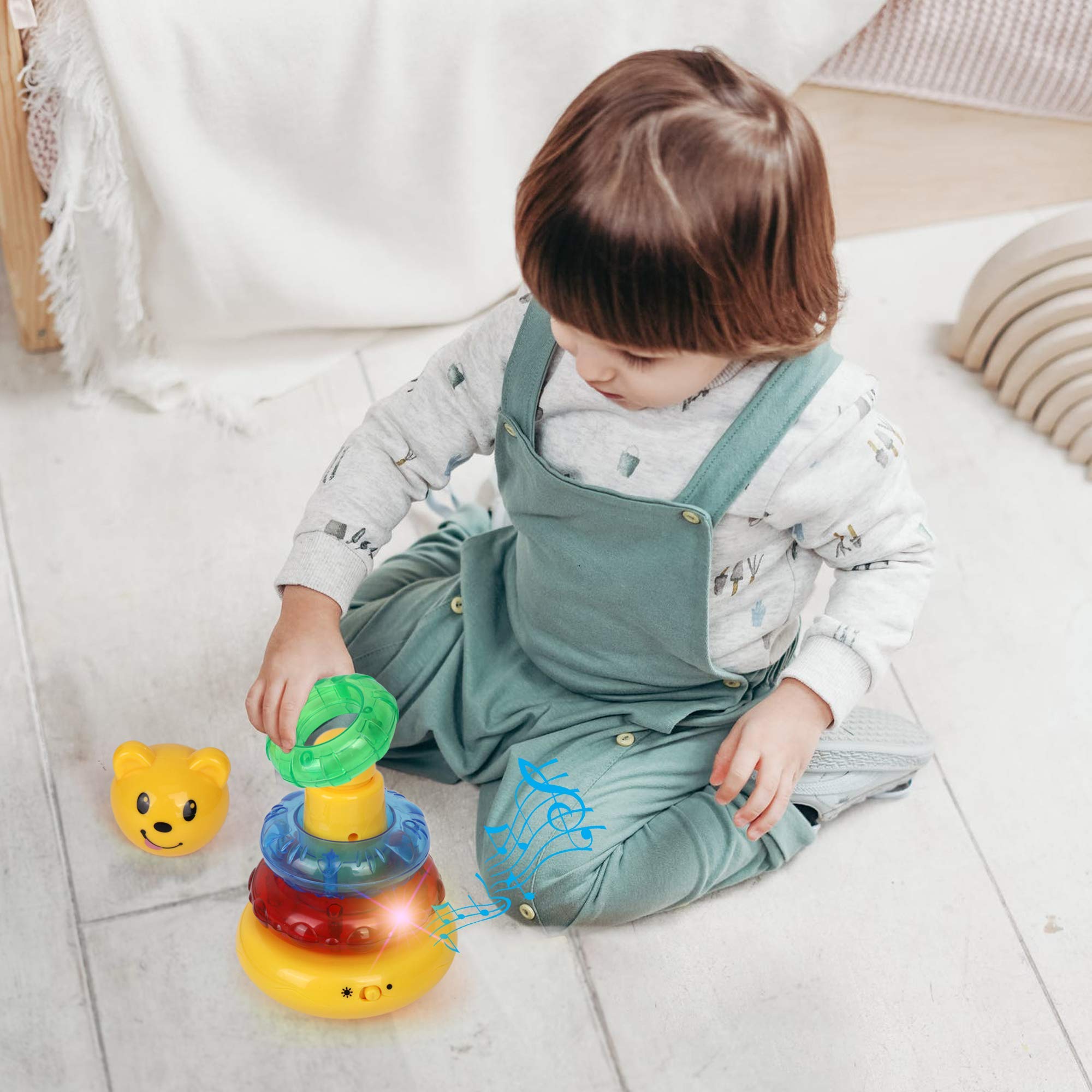 Playkidz Musical Bear Ring Stacker, Stacking Rings Toy with Lights and Sounds for Toddlers - Sensory and Educational Toy for Girls and Boys, Great Birthday Gift