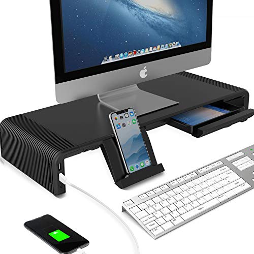 Monitor Riser Stand and Desk Storage Organizer, 2 USB 3.0 & Type-C Ports Computer Stand Support Transfer Data, Charging with Storage Drawer, Phone Holder for Laptop/Computer/MacBook/PC (Black)