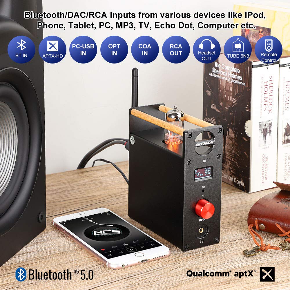 AIYIMA T8 6N3 Digital Tube Preamplifier Bluetooth 5.0 Hi-Fi Headphone Preamp Decoder Preamp PC-USB DAC APTX for Home Wireless Receiver Audio Stereo Amplifier + with Remote Control