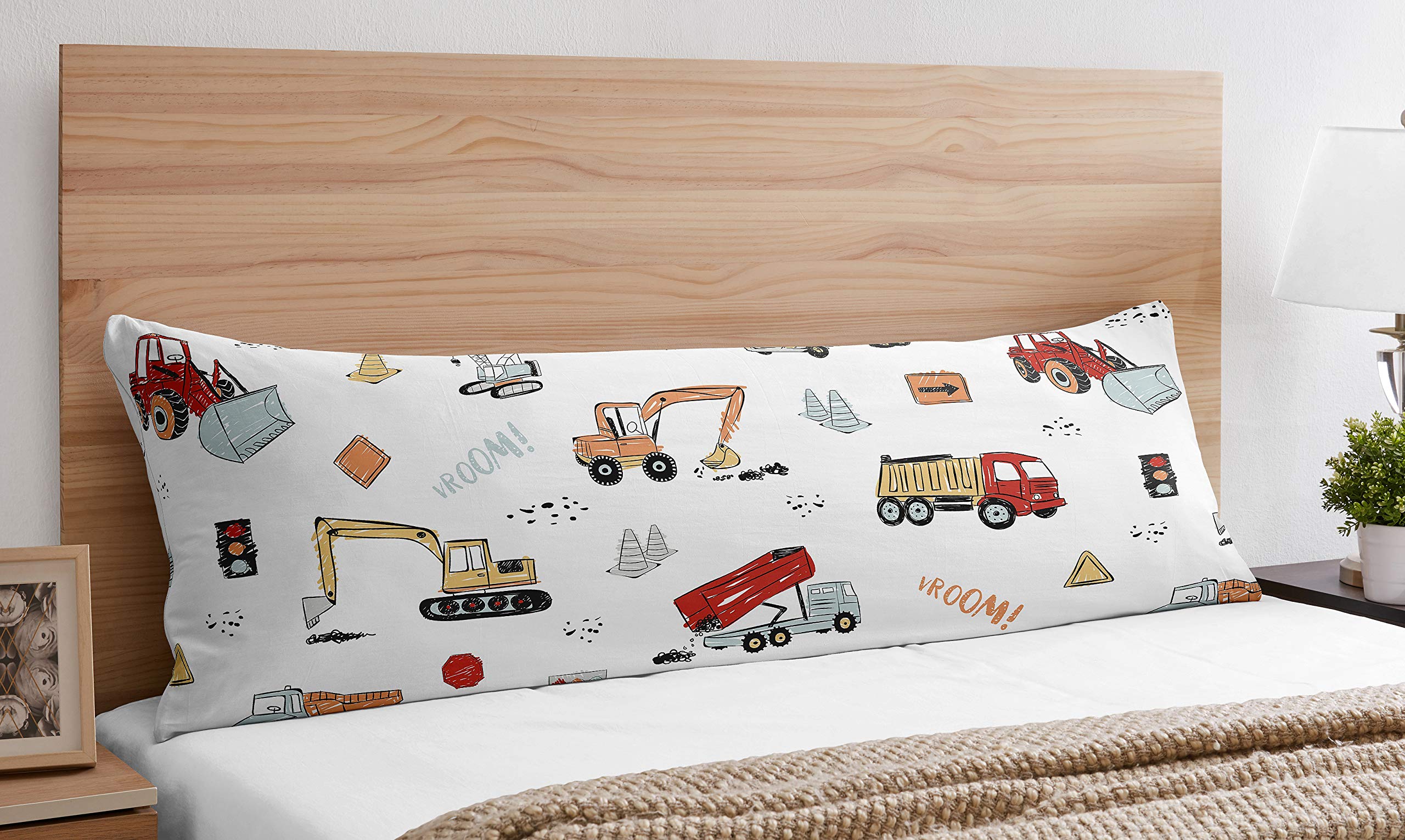 Sweet Jojo Designs Construction Truck Body Pillow Case Cover (Pillow Not Included) - Grey Yellow Orange Red and Blue Transportation