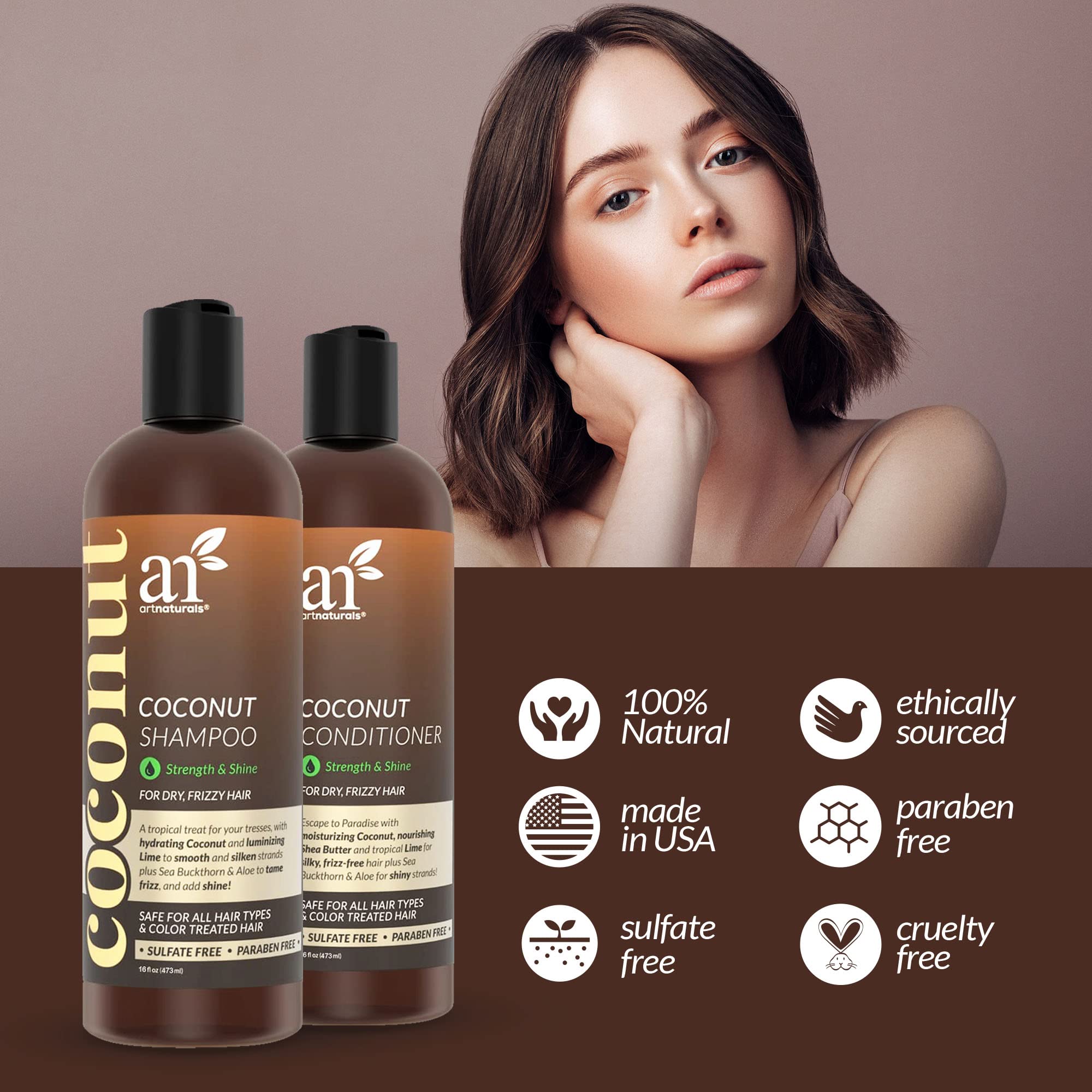 artnaturals Coconut-Lime Shampoo and Conditioner Set – (2 x 16 Fl Oz / 473ml) - Professional Deep Hydrating Moisturizing For Curly Fine Oily Dry Damaged and Color Treated Hair – Natural, Sulfate Free