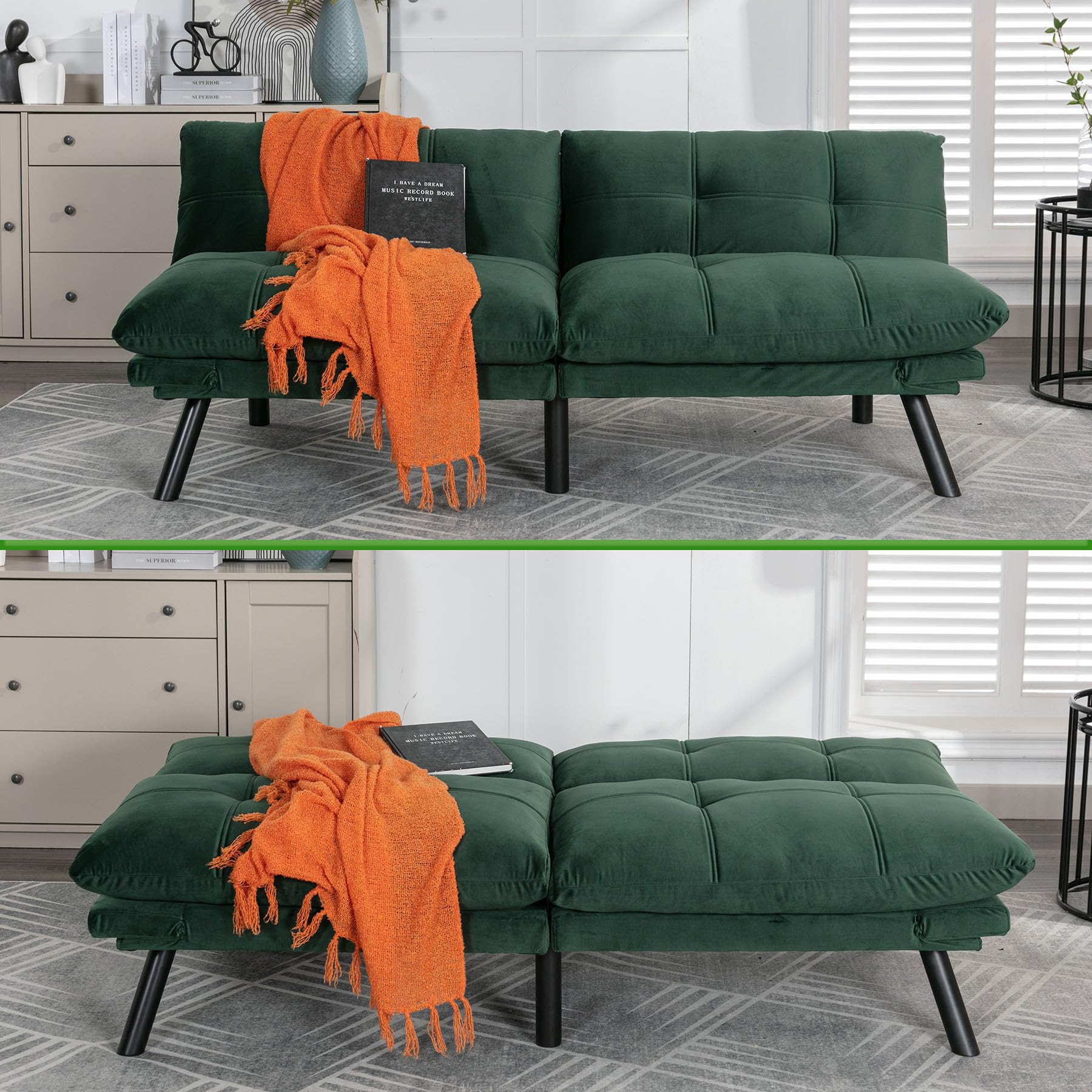 70β Modern Velvet Futon Couch Sleeper,Convertible Sleeper Sofa Bed with Adjustable Backrests and Folding Armrest for Living Room Bedroom Office Apartment,Split Back,Mattress Included (Green)