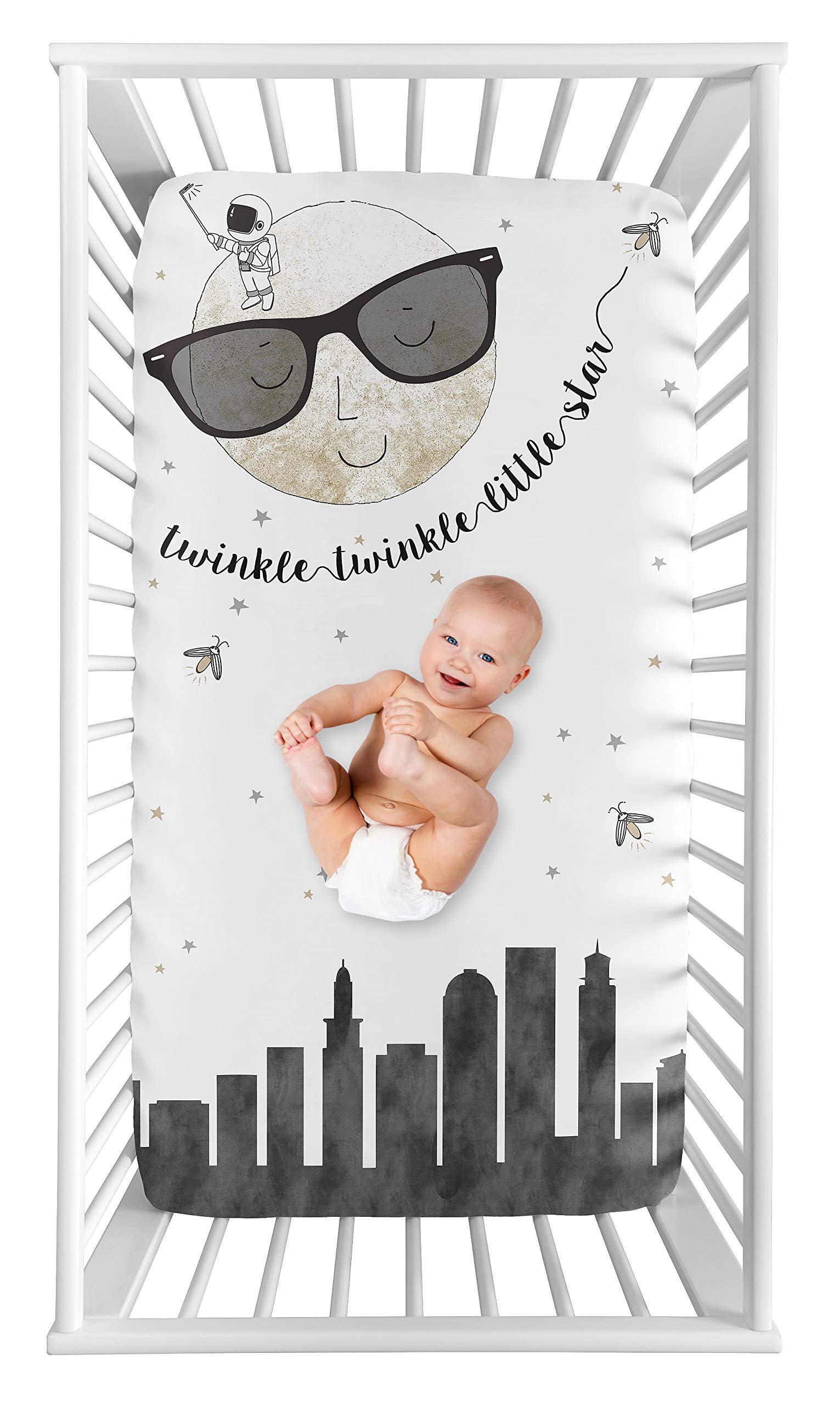 Sweet Jojo Designs Moon and Star Boy or Girl Fitted Crib Sheet Baby or Toddler Bed Nursery Photo Op - Grey, Black and Gold Modern Celestial City Skyline Twinkle Twinkle Little Star