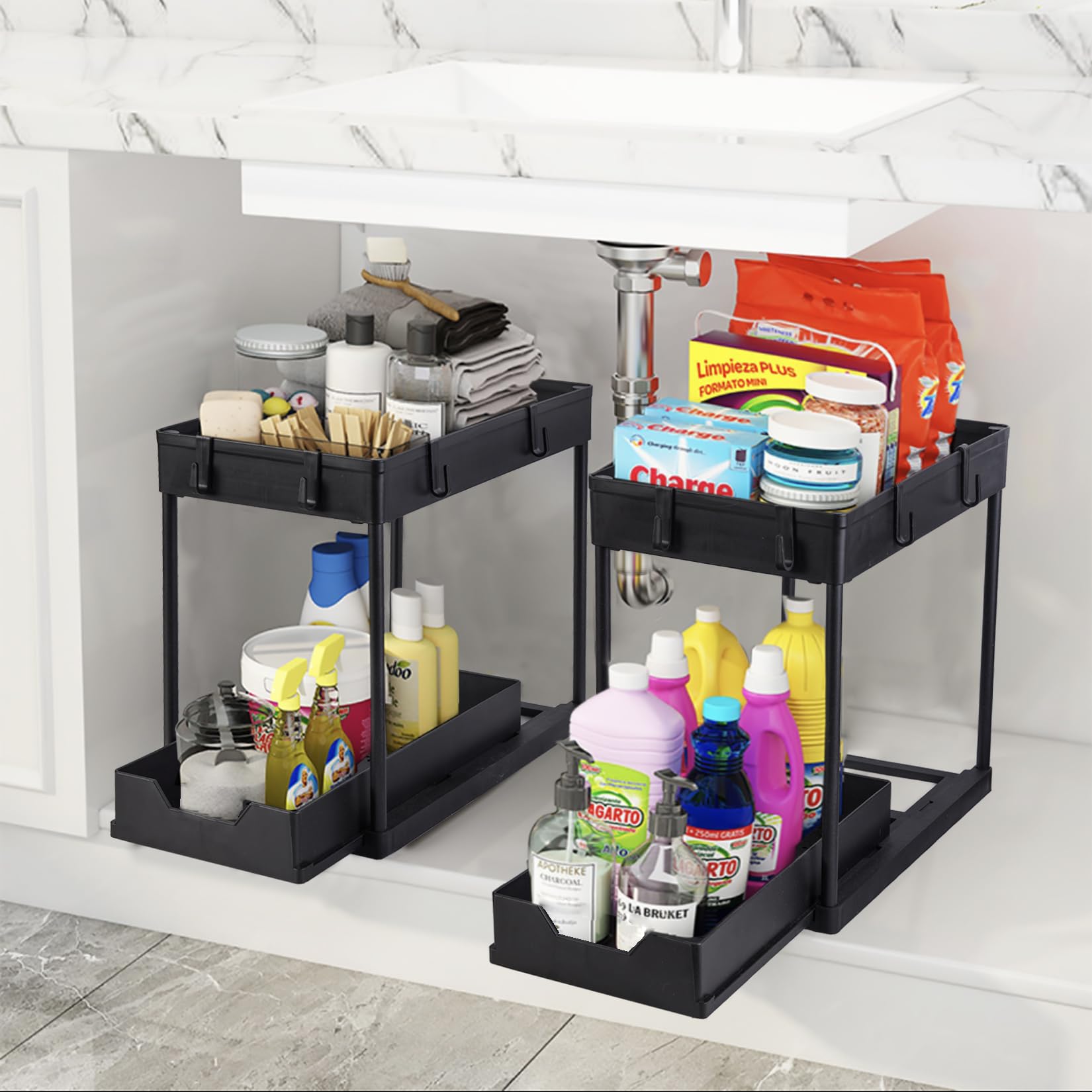 2 PCS Under Sink Organizer, 2-Tier Sliding Cabinet Basket Organizer Drawers, Under Sink Organizers and Storage Bathroom Kitchen Cabinet Organizer with Hooks The Bottom Drawers Can Be Slid Out