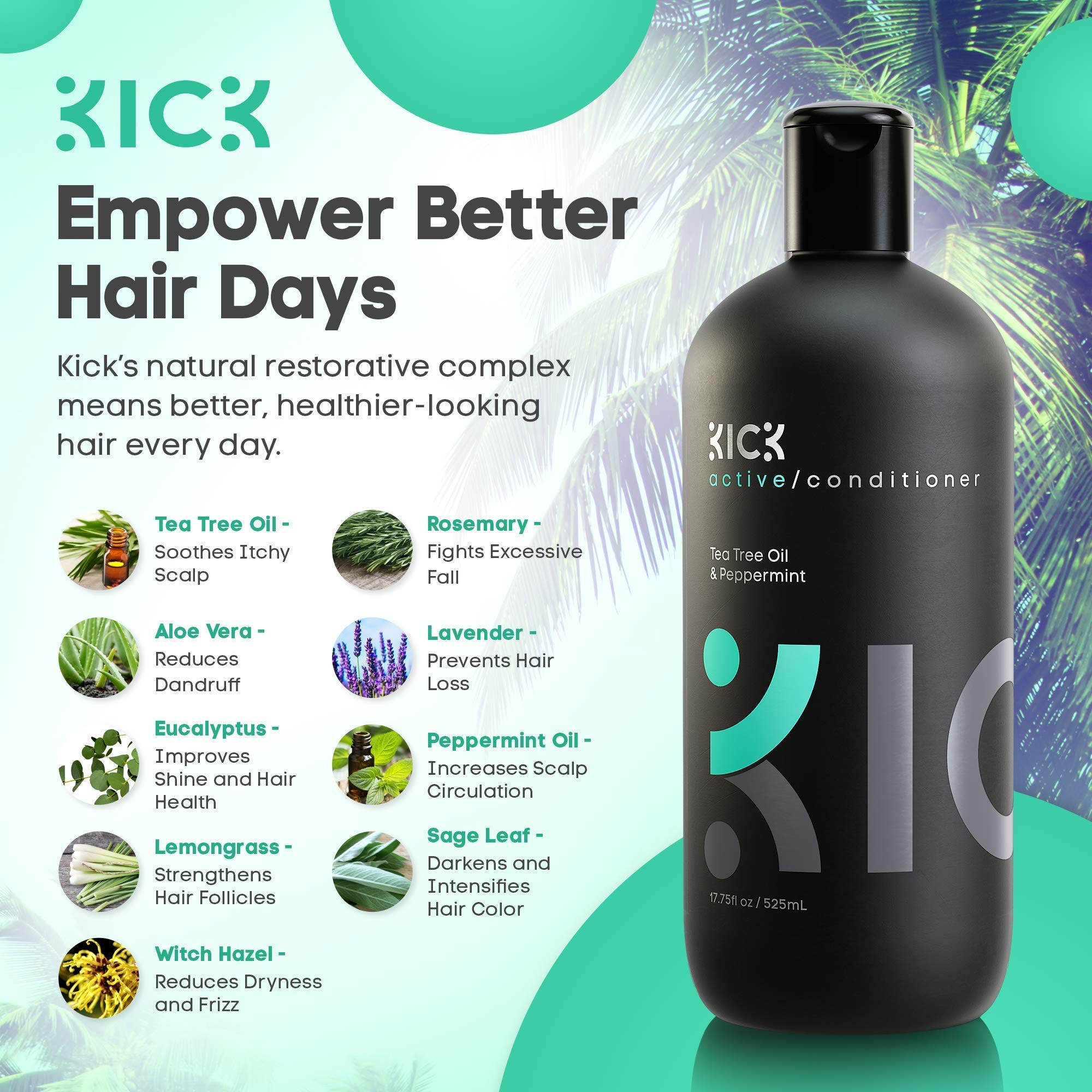 Kick Mens Shampoo + Conditioner Bundle Tea Tree & Peppermint - Itchy Scalp Treatment for Dandruff & Thinning Hair-High Performance Anti-Dandruff, Anti-Hair Loss Care for Men and Women