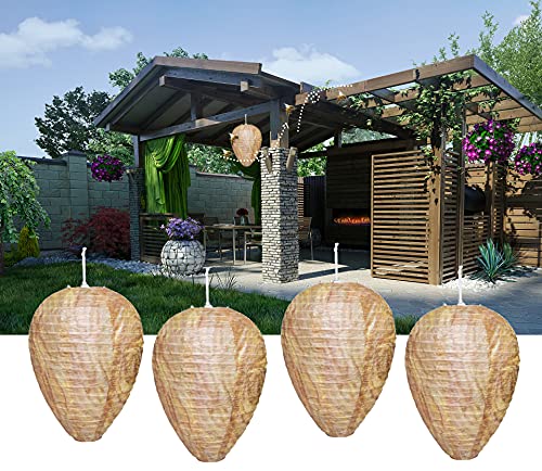 4 Pack Fake Hornet Nest Decoy, Wasp & Carpenter Bee Repellent Outdoor Hanging, Wasp Deterrent, Repellent Nest for Carpenter Bee, Hornets,Yellow Jackets