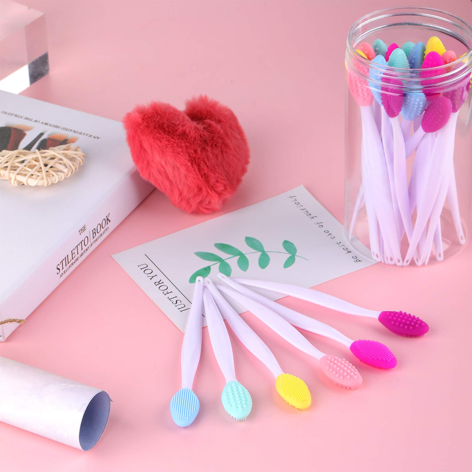 Patelai 24 Pcs Silicone Exfoliating Lip Brush with Container, Double Sided Silicone Lip Scrubber Soft Cleaning Brush Face Cleaning Applicator for Plump Smoother Lip Appearance(Mixed Colors)