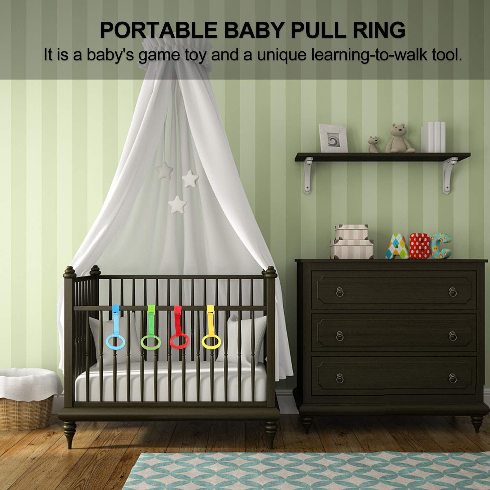 Kisangel 4pcs Baby Play Gym Baby Crib Pull Ring Baby Bed Stand Up Rings Nursery Baby Cot Rings Toddler Activity Kids Walking Training Tool