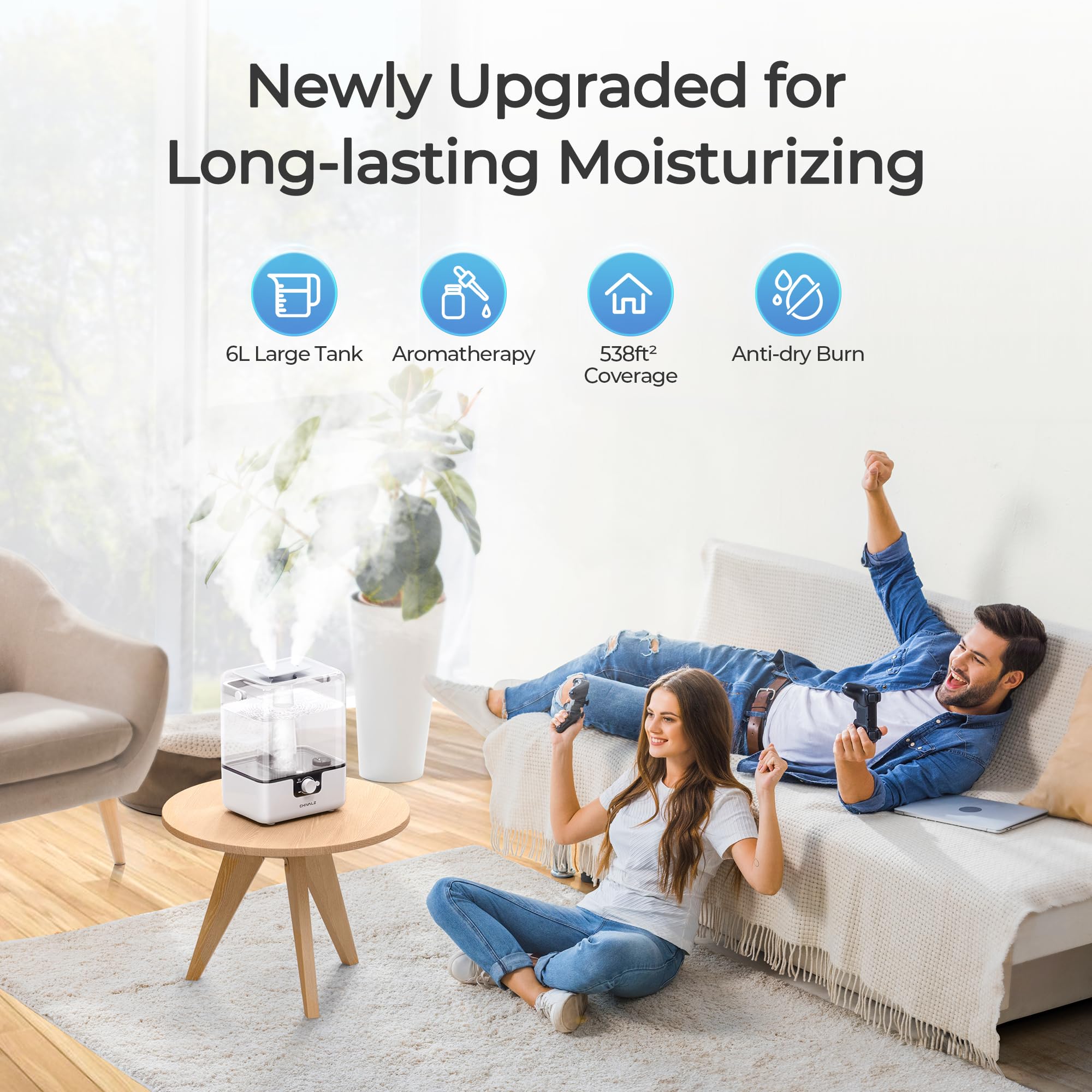 6L Humidifiers for Bedroom Large Room Home, CHIVALZ Cool Mist Top Fill Humidifiers for Baby Nursery and Plants, 26dB Quiet, Nightlight, Up to 50 Hours, Oil Diffuser 1 Pack + 2 Mist Outlets White