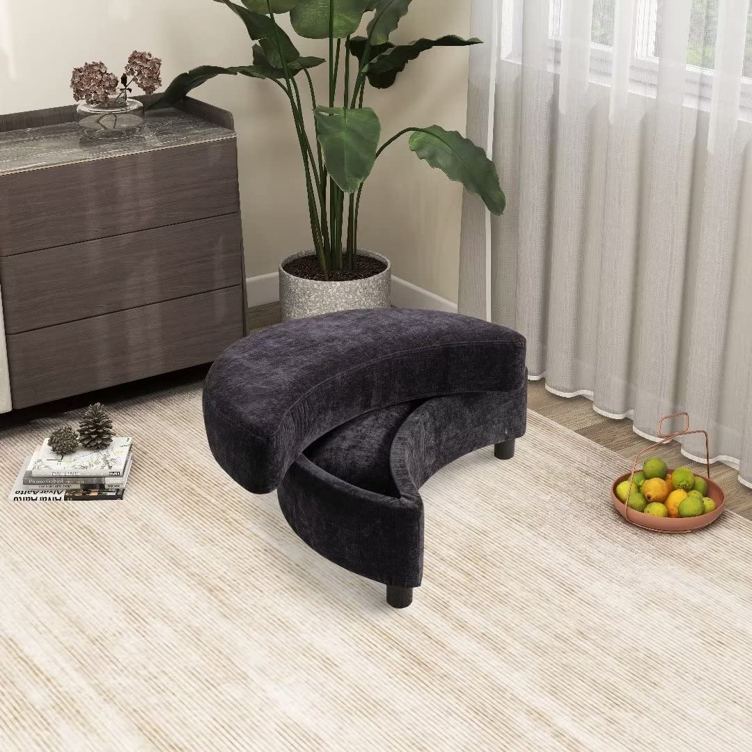 32.7" Half Crescent Moon Storage Bench, Chenille Upholstered Large Ottoman with Tray & Padded Seat, Side Table Dressing Shoe Bench Foot Rest for Living Room, Bedroom, Entryway, Hallway, Black
