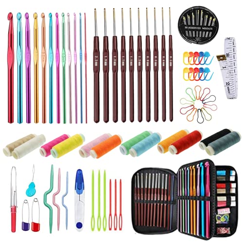 22PCS Crochet Hooks Set Sewing Project Kits, Aluminum Crochet Hooks & Lace Crochet Hooks with Accessories