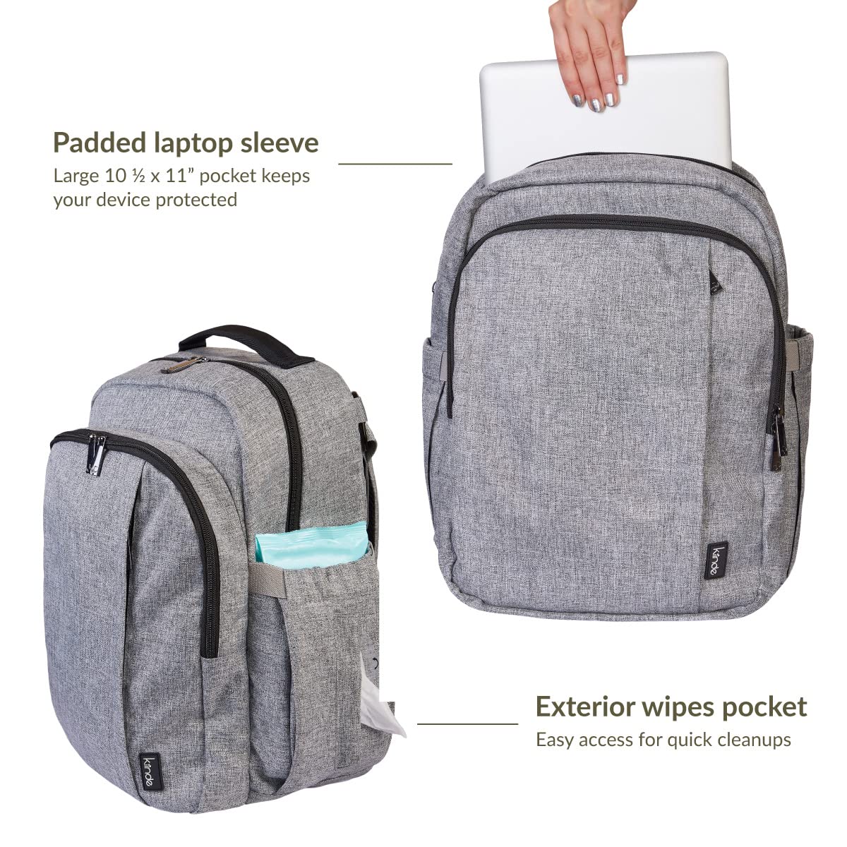 Kiinde Diaper Bag Backpack, Unisex Baby Bag Multifunction Padded Travel Backpack for Mom and Dad with Changing Pad, Stroller Straps, Laptop Sleeve, Grey