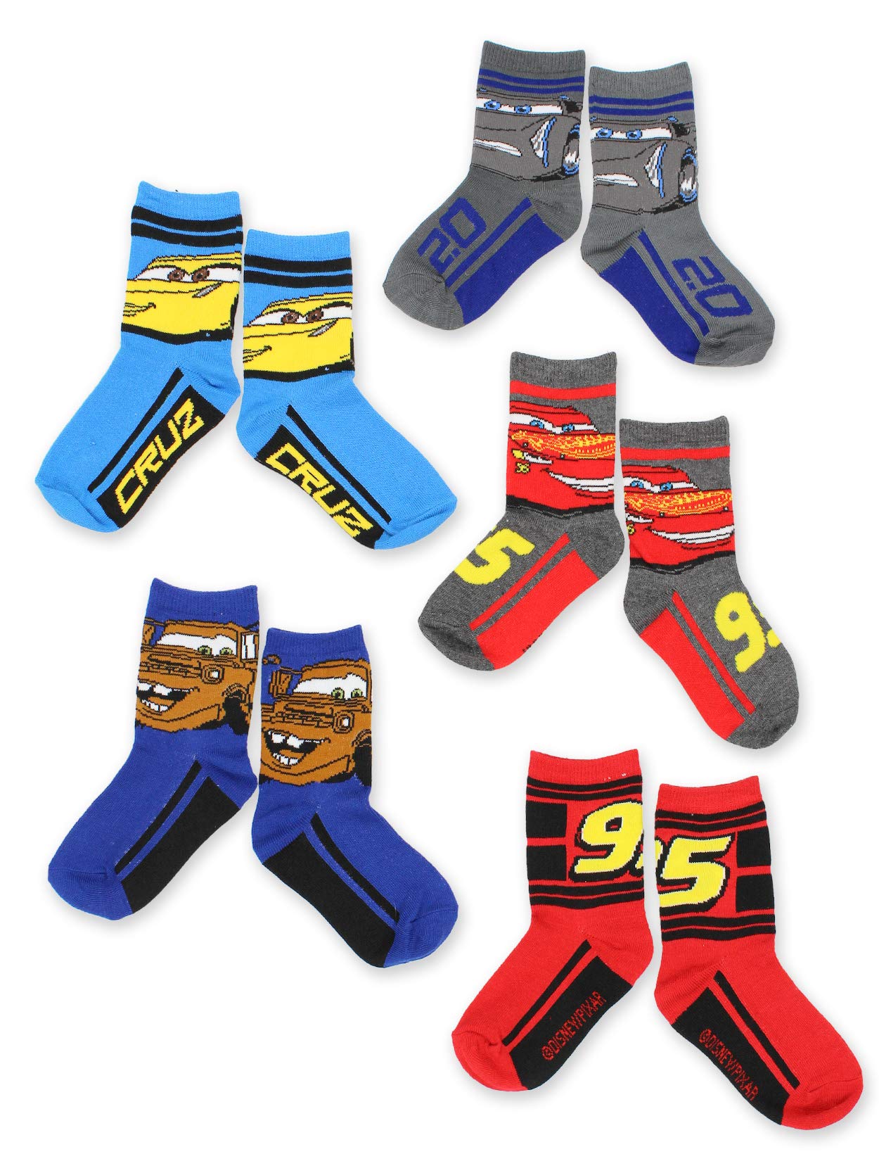 Disney Cars 3 Boys Toddler 5 pack Crew Socks (Shoe: 7-10 (Sock: 4-6), Grey/Multi Crew)