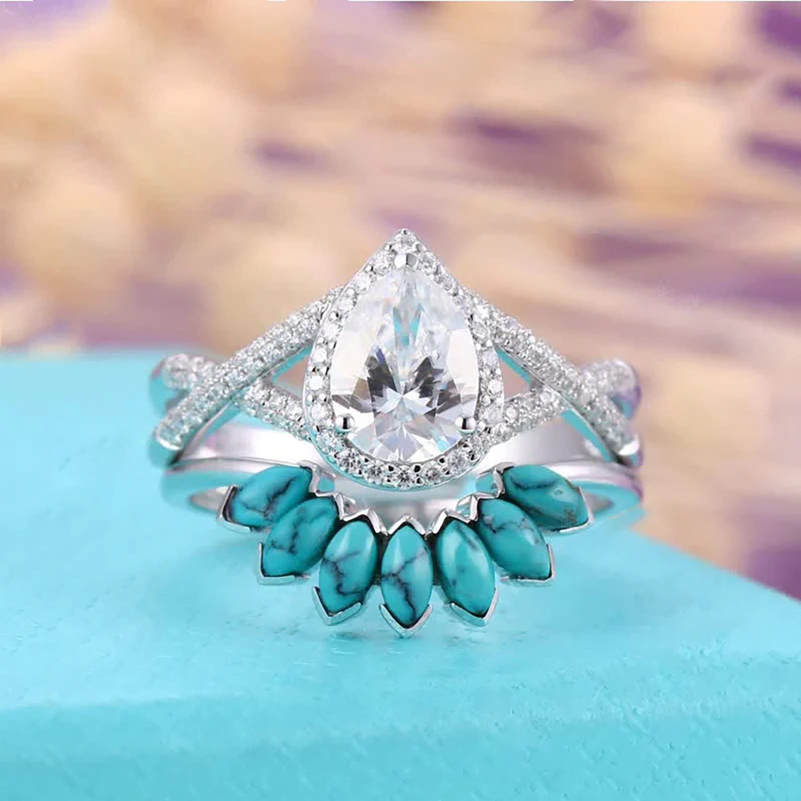 2PC Women Shining White Crystal Water Drop Shape Ring,Turquoise Ring Promise Rings Engagement Wedding Band Ring Sets