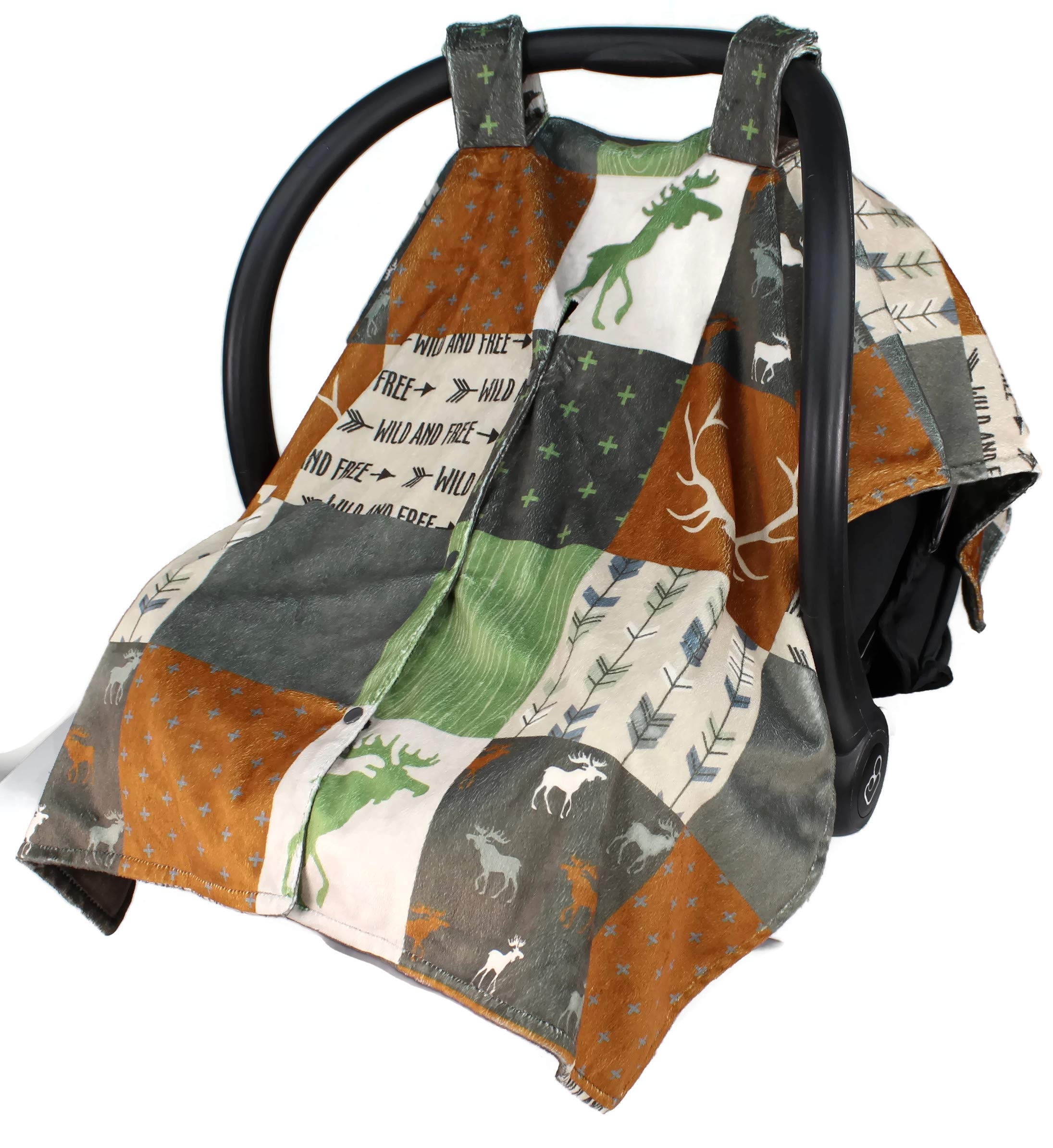 Dear Baby Gear Deluxe Reversible Car Seat Canopy, Custom Minky Print, Faux Quilt Rust Adventure and Moose on Brown