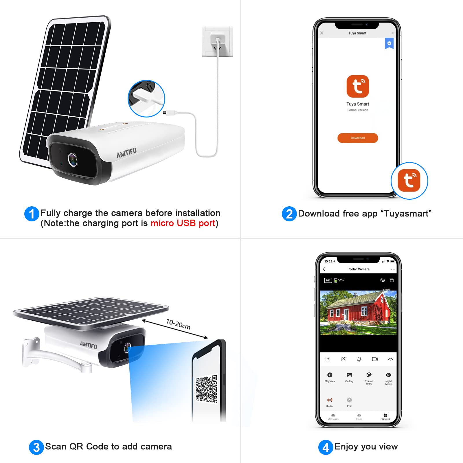 AMTIFO Security Cameras Wireless Outdoor Home Motion Detection Solar WiFi Surveillance Camera System Two Way Audio HD 1080P Video Cam Battery Night Vision W6