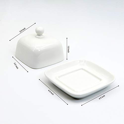 NAGU Mini Square Butter Dish with Lid, White Procelain Domed Cheese Dish with Handle Individual Serving Small Butter Tray, Cute Ceramic Dessert Serving Bowl for Table, Countertop, Refrigerator