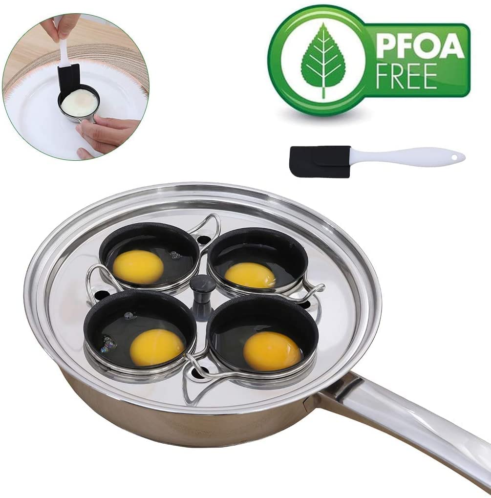 4 Cups Egg Poacher Pan - Stainless Steel Poached Egg Cooker β Induction Cooktop Egg Poachers Cookware Set with 4 Nonstick Large PFOA FREE Egg Poacher Cups and Silicone Spatula