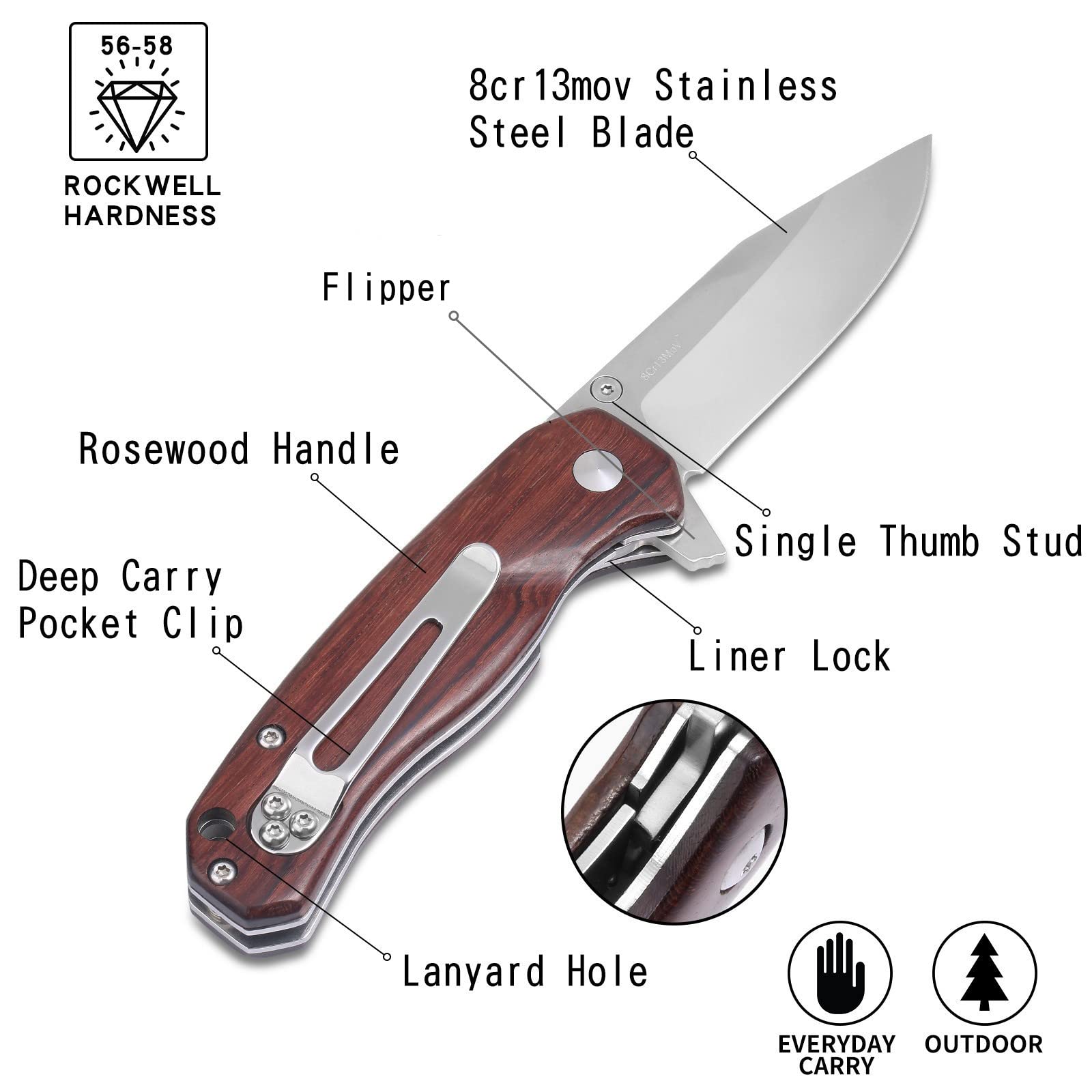 2 Pack Folding Pocket Knife, Rosewood Handle/Aluminum Handle, Belt Clip, Liner Lock, Hunting Knife, Camping Knife, Birthday Gifts for Men