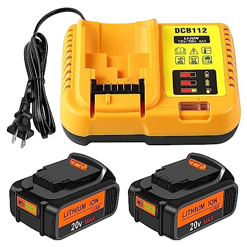 20v Max Battery Replacement for Dewalt 20V 6.0Ah Battery 2Pack with DCB112 Battery Charger Station for DCB201 DCB204 DCB205 DCB206 DCB120 DCB127 DCB115 DCB118 DCB107 DCB105 DCB102