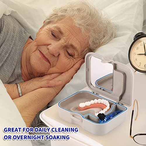 Annhua Denture Cup Bath Box Case with Mirror and Cleaning Brush, Dental Case with Brush Retainer Cleaning Case Mouth Guard Storage Soaking Cup Holder for Travel, Office, Household Use