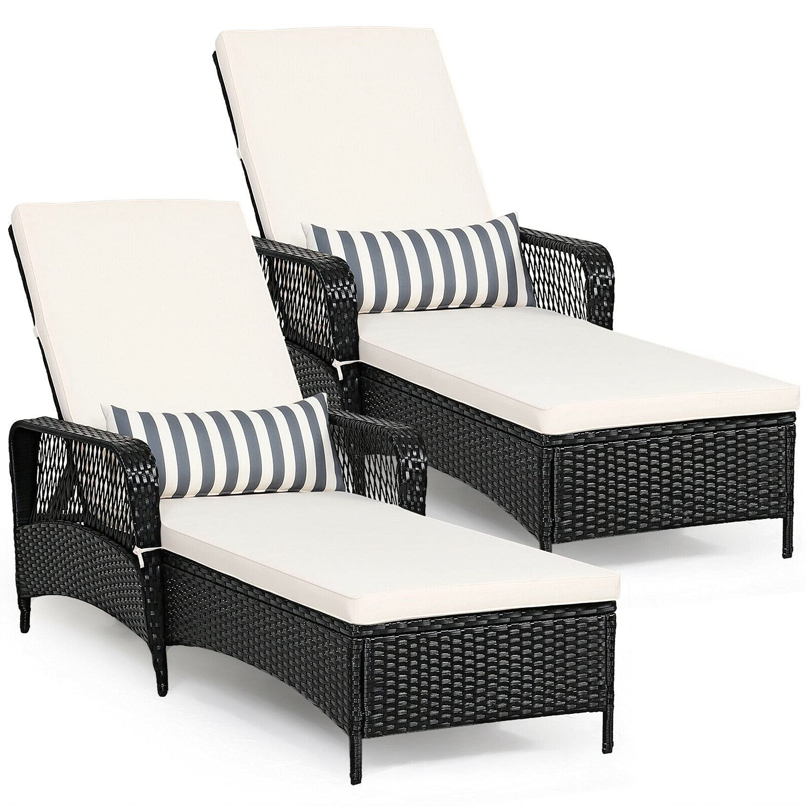 2PCS Black PE Rattan Patio Outdoor Chaise Lounge Chair Lounger Recliner Sunbathing Bed Thick Padded Cushion Lumbar Pillow 6 Adjustable Backrest Position Perfect for Poolside Deck Beach Balcony Use