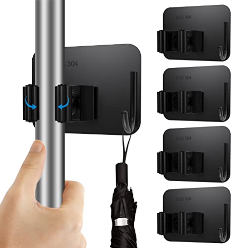 Drek Crek Mop Broom Holder Wall Mounted Heavy Duty No Drill, Adhesive Mop Broom Organizer, 304 Stainless Steel Mop Hanger Wall Mount Stick on w Hooks for Bathroom,Kitchen,Closet,Garage,Garden, 4PCS