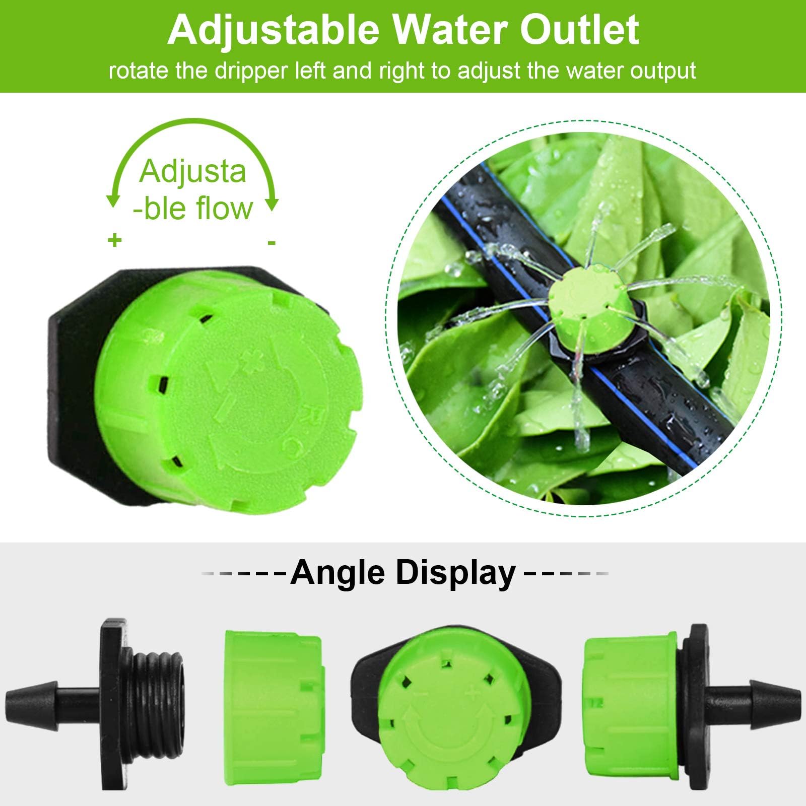 Kalolary 200Pcs Adjustable Irrigation Drippers, 1/4 Inch Barbed Drip Emitter 360 Degree Watering Sprinklers Anti-Clogging Drippers for 4mm/7mm Garden Watering System(Green)