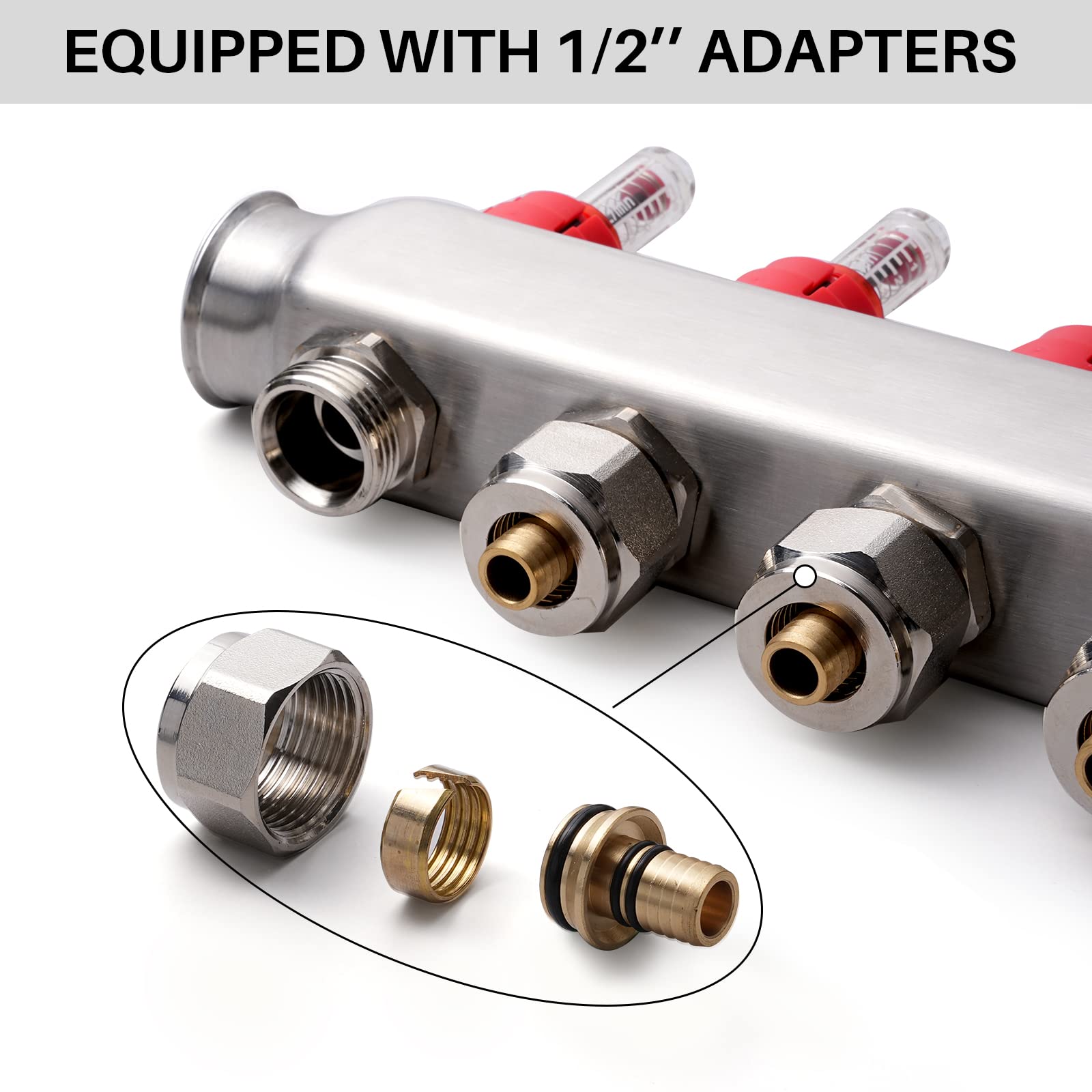 2-Branch Radiant Heat Manifold,Stainless Steel PEX Manifold with Compatible Outlets for Hydronic Radiant Floor Heating (1/2" Adapters included)