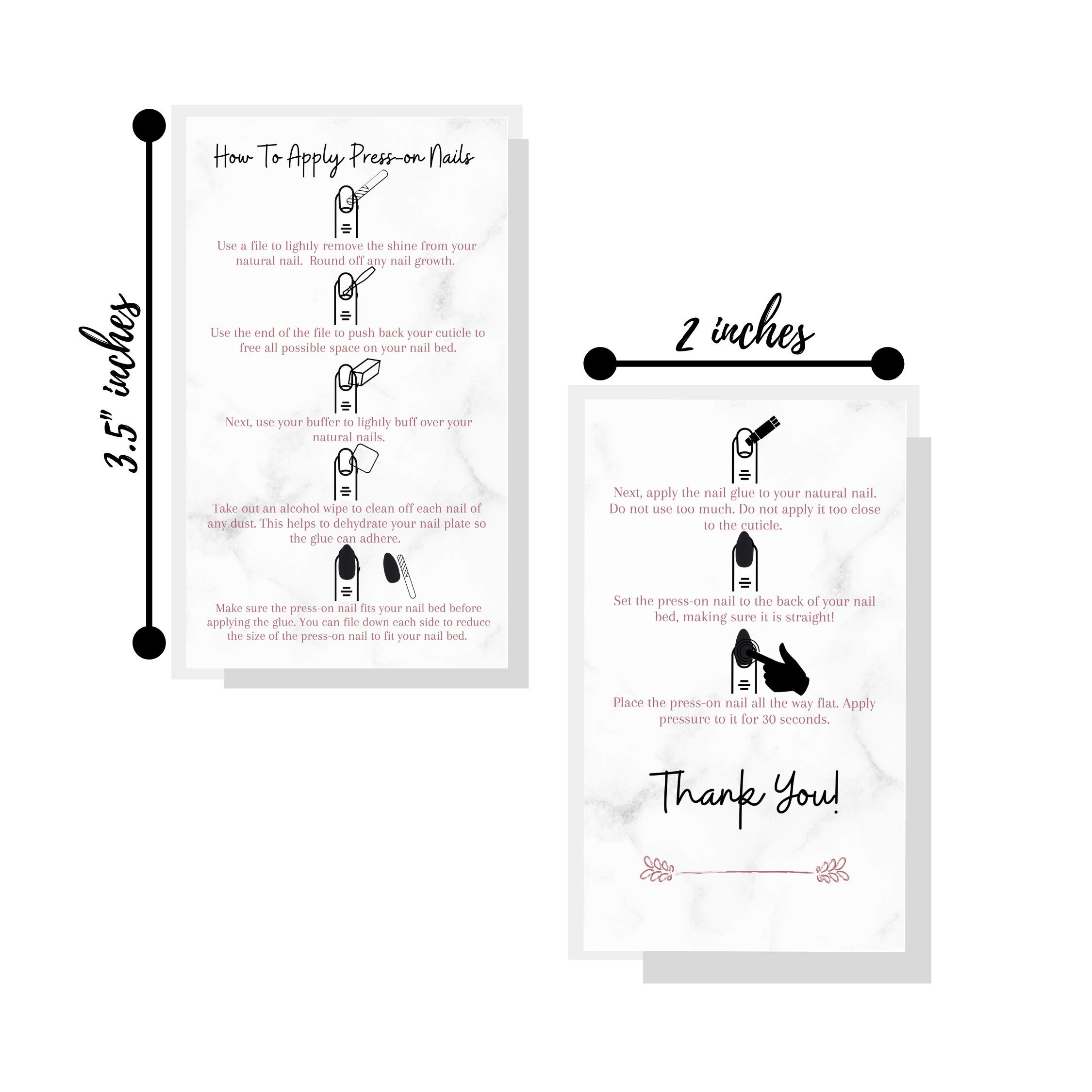 Press-On Nail Application Instructions Cards | 50 Pack | 2x3.5" inch Business Card Size | DIY Press-On Nail Kit | Marble with Rosey Gold Design