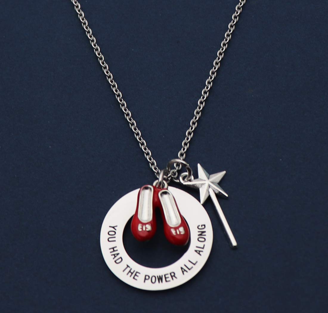 Beeshion Wizard of Oz Necklace Stainless Steel Charm with Ruby Red Slippers Pendant Necklace Inspirational Gift for Her (Wizard of Oz Necklace)