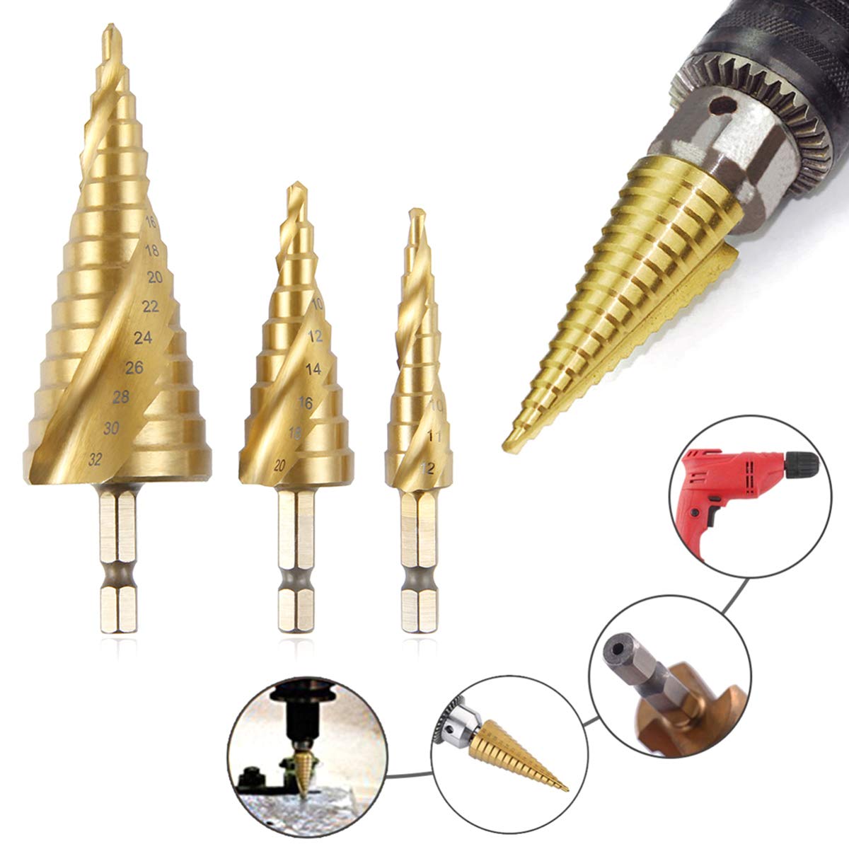 3Pcs HSS Spiral Step Drill Bit Set, 1/4" Hex Shank High Speed Steel Titanium Coated Cone Hole Cutter Bit with Automatic Center Punch for Drilling Plate Aluminum Metal Wood Hole (4-12mm/4-20mm/4-32mm)