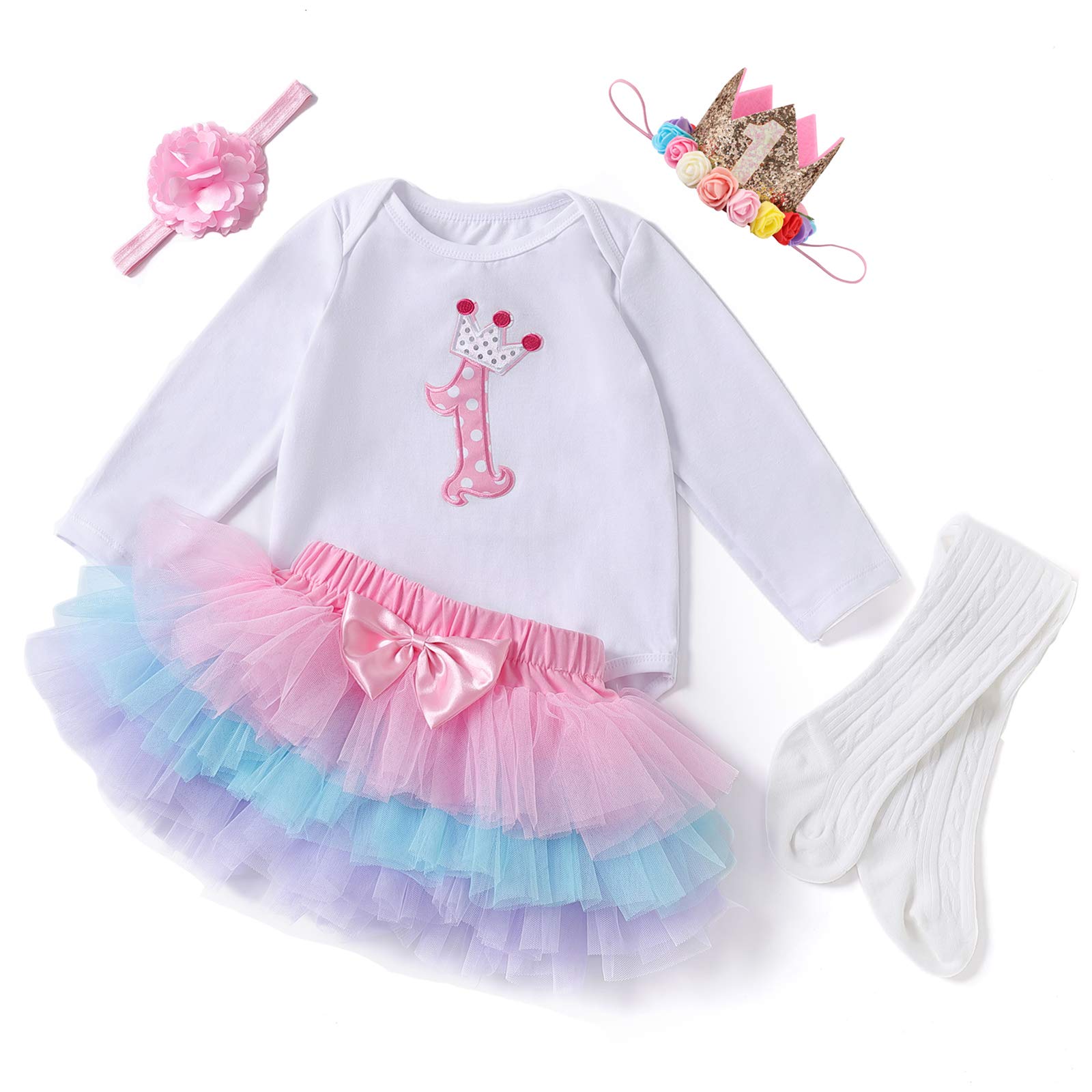 HOSUKKO Baby Girl Half/First / 2nd Birthday Outfits, Long Sleeve Onesie & Tulle Tutu Skirt & Cable Knit Tights & Crown & Headband, Toddler Girls' Skirt Clothes Sets for Pictures (5 pcs),Multi,12-18M