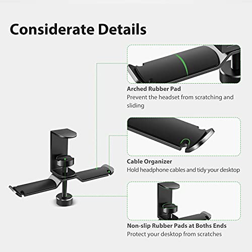 Dual Headphone Stand Hanger Under Desk, APPHOME 360 Degree Rotating PC Gaming Headset Holder Aluminum Clamp Hook Space Save Mount, Universal Fit All Headphones, Black