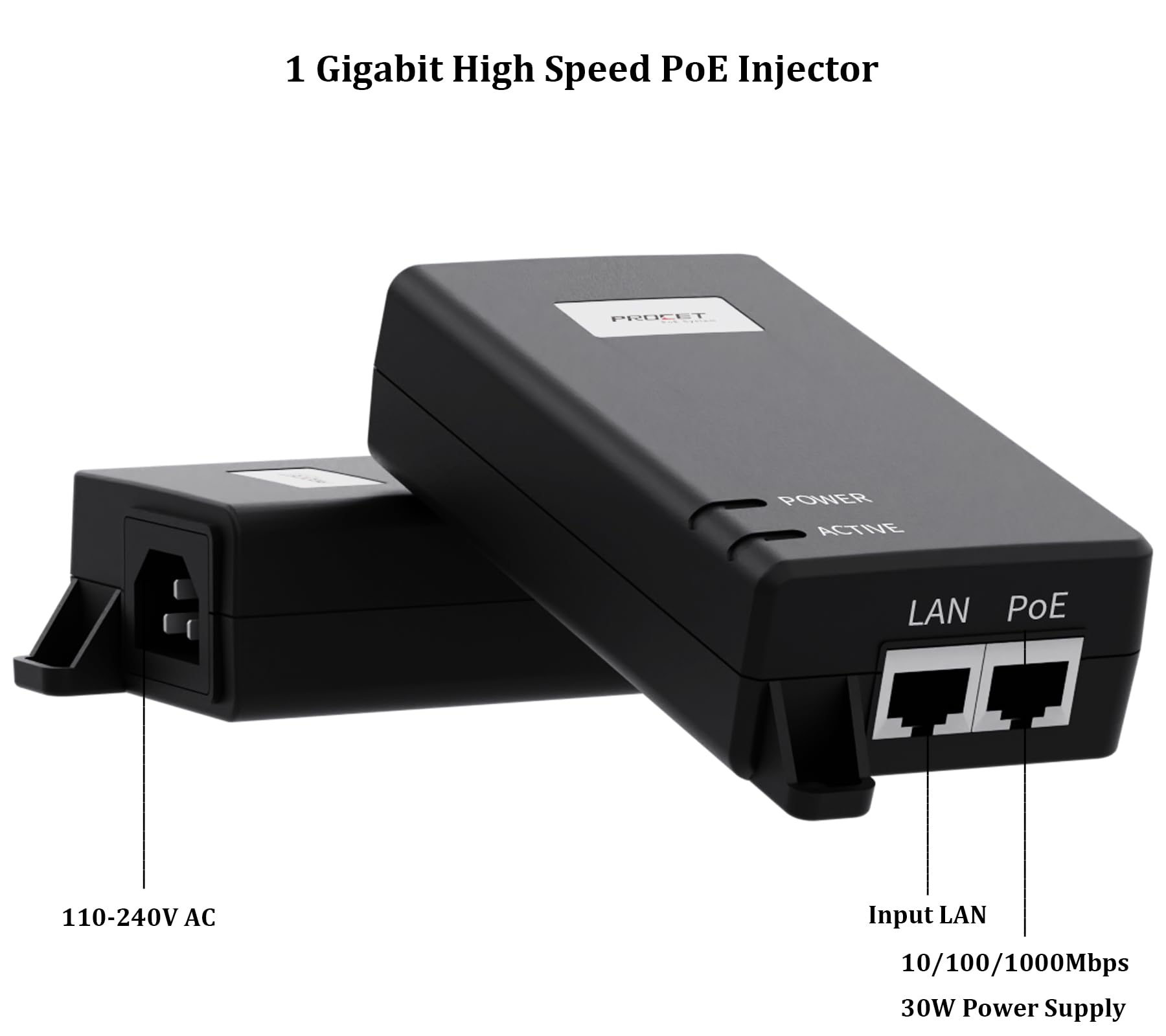 PROCET Gigabit PoE Injector 30W Wide Working Temperature -40°F to 149°F, IEEE802.3af/at/PoE+ 10/100/1000Mbps PoE Power Injector for IP Camera, Wireless AP, PoE IoT