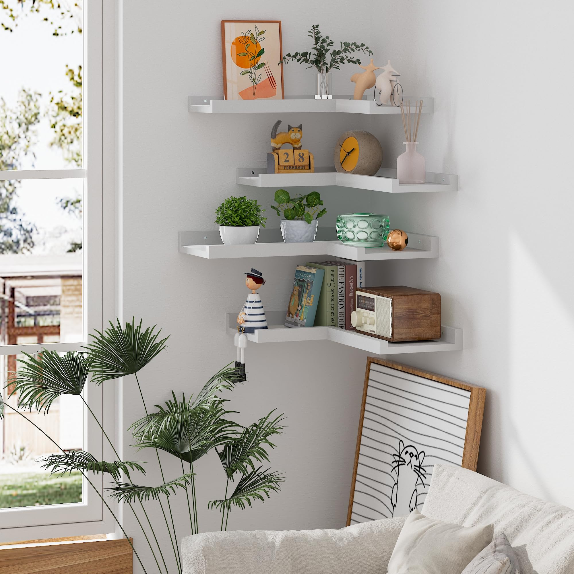 4 Tier Corner Wall Shelf, Floating Corner Shelves with Lip, White Modern Corner Shelves Wall Mounted, Solid Pine Wood Wall Shelf L shaped shelf for Living Room, Bedroom, Bathroom, Home Storage