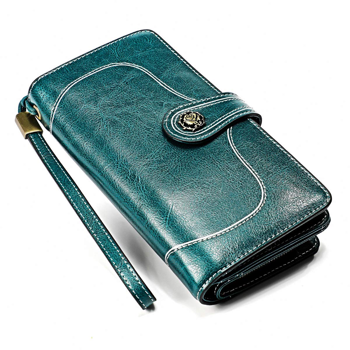 Behaniu Womens Multi Card slots Geniune Leather Wallet with Zipper Pocket Large Capacity RFID Blocking Credit Card Holder for Women (Peafowl Blue), Medium
