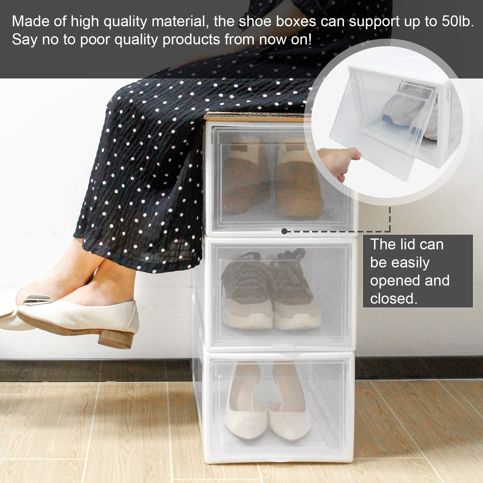 Homde Reinforced Shoe Boxes Pack of 3 Stackable Shoe Storage Rack White Frame with Clear Body (Large)