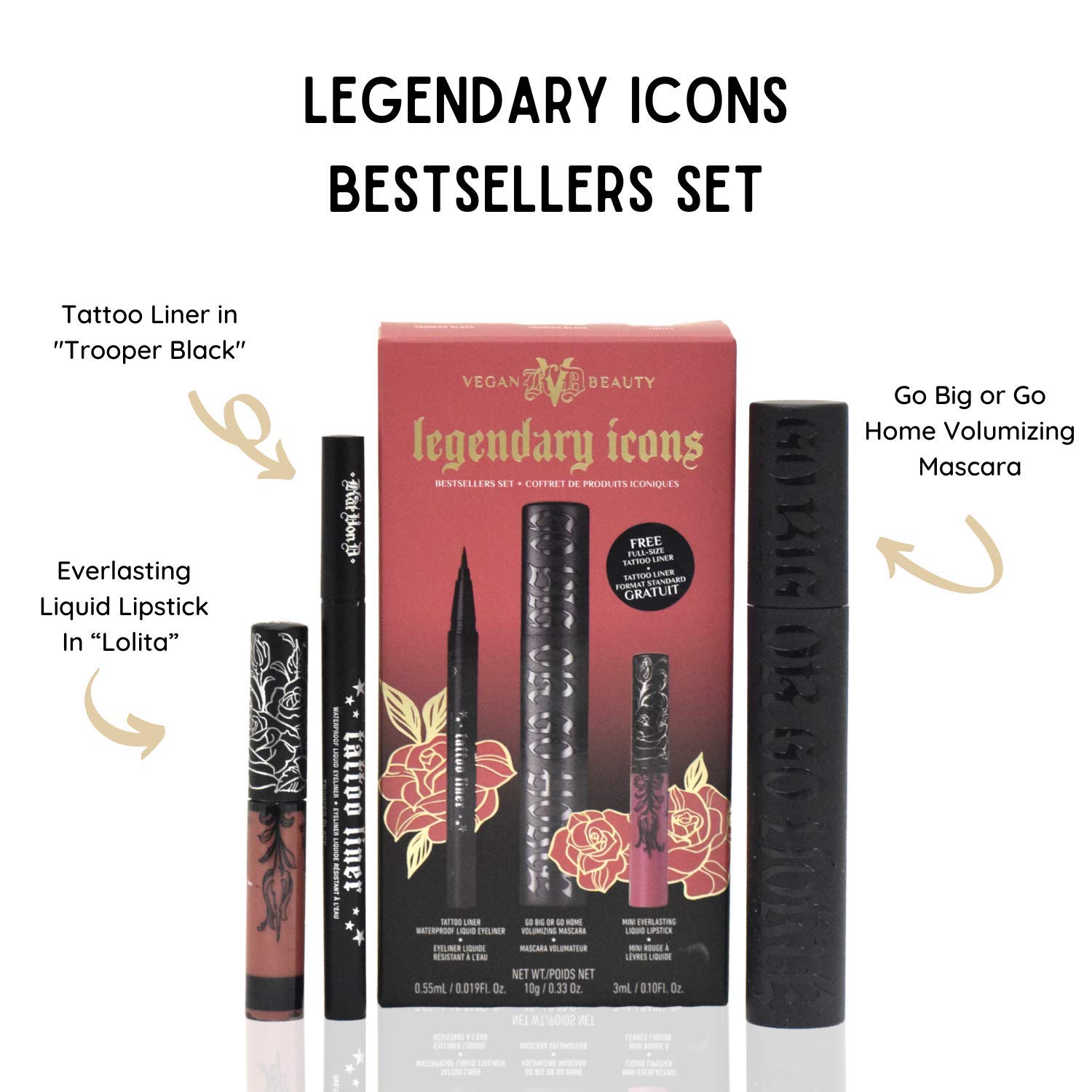 Kat Von D Legendary Icons Set Includes Full Size Mascara + Full Size Tattoo Liner + Lolita Liquid Lipstick Mini