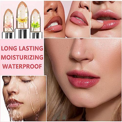 2PCS Crystal Flower Jelly Lipstick, Magic PH Temperature Color Changing Lip Gloss, Long Lasting Nutritious Moisturizing Lip Balm, Clear Color Changing Lipstick with Flower Inside