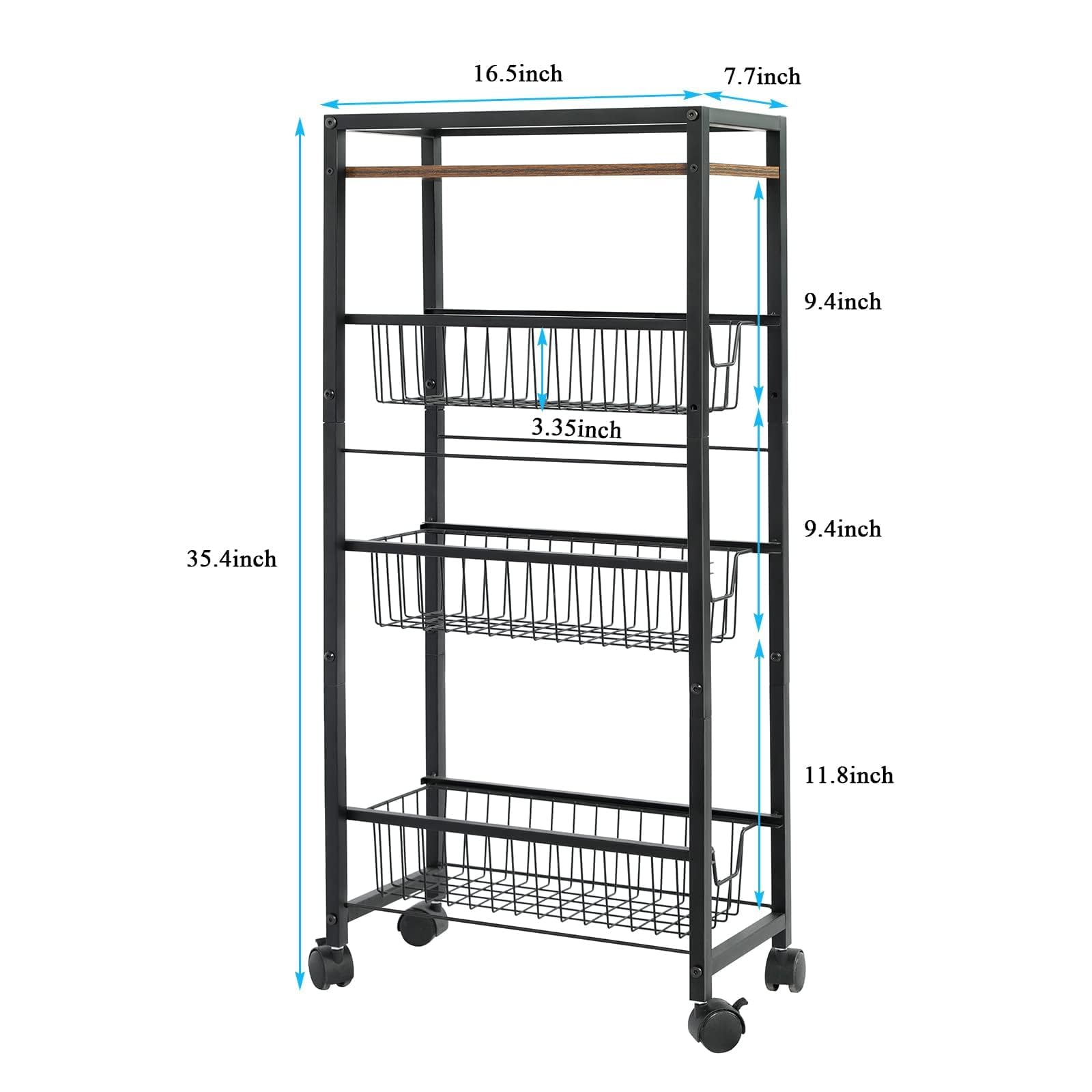 4 Tier Slim Rolling Cart with Pull-out Baskets, Mobile Kitchen Cart with Lockable Wheels, Narrow Utility Storage Cart for Bathroom,Laundry, Living Room ,Small Space,Black