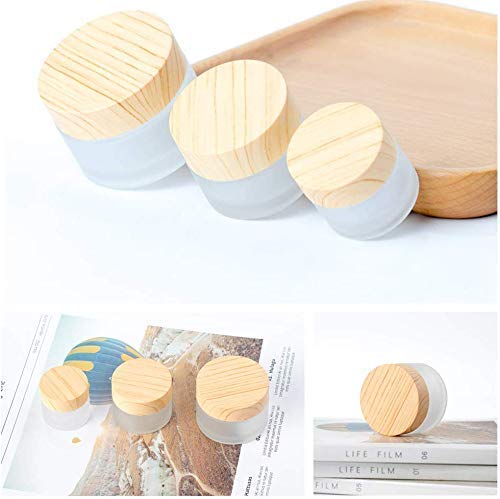 Healthcom 10 Pack 10 Grams/10 ML Empty Jars Round Frosted Glass Cosmetic Cream Jar Bottle with Wood Grain Lid Cosmetic Containers Refillable Glass Face Cream Box Pot for Makeup Lip Balms Eyeshadow