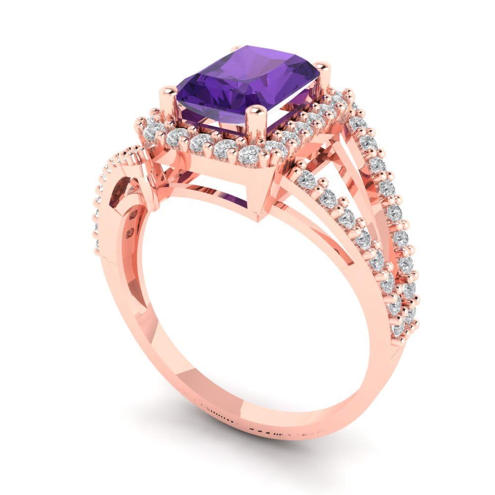2.10ct Emerald Cut Solitaire Halo Criss Cross Natural Amethyst Designer Anniversary Bridal Engagement Ring 14k Rose Gold 10.75